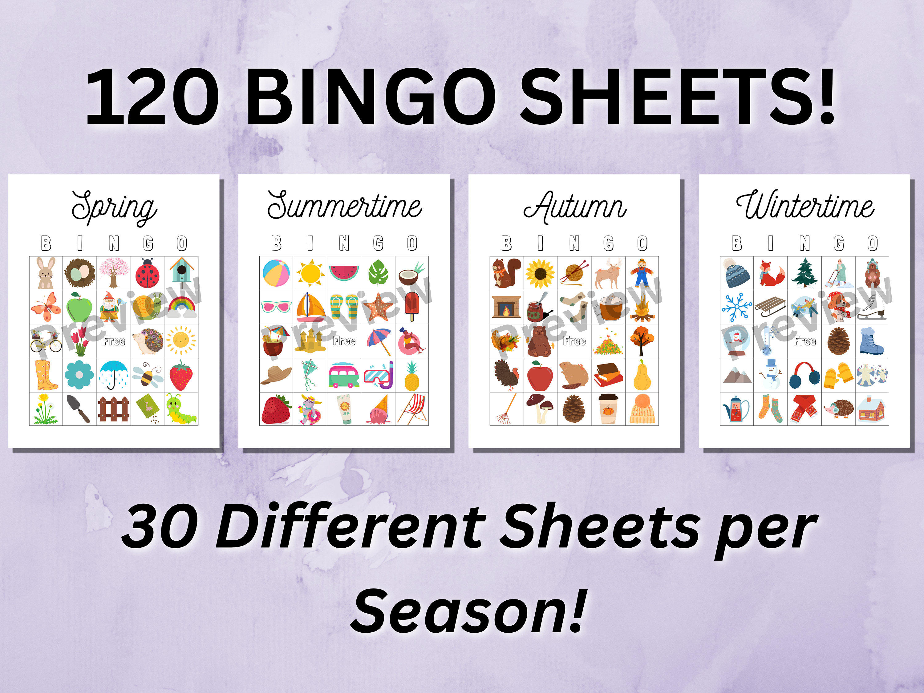 Seasonal Bingo, Spring Summer Fall Winter Bingo, 120 Printable Bingo ...