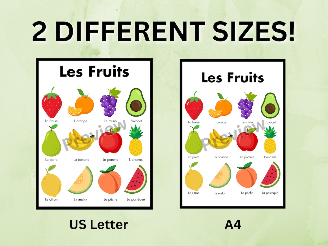French Fruits Poster Decor, Classroom Wall Art, French Bilingual ...