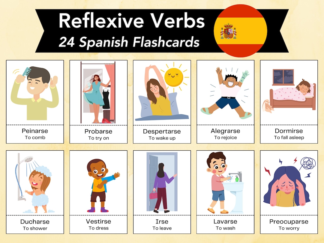 Spanish Reflexive Verb Flashcards, Spanish Language Learning Vocab ...