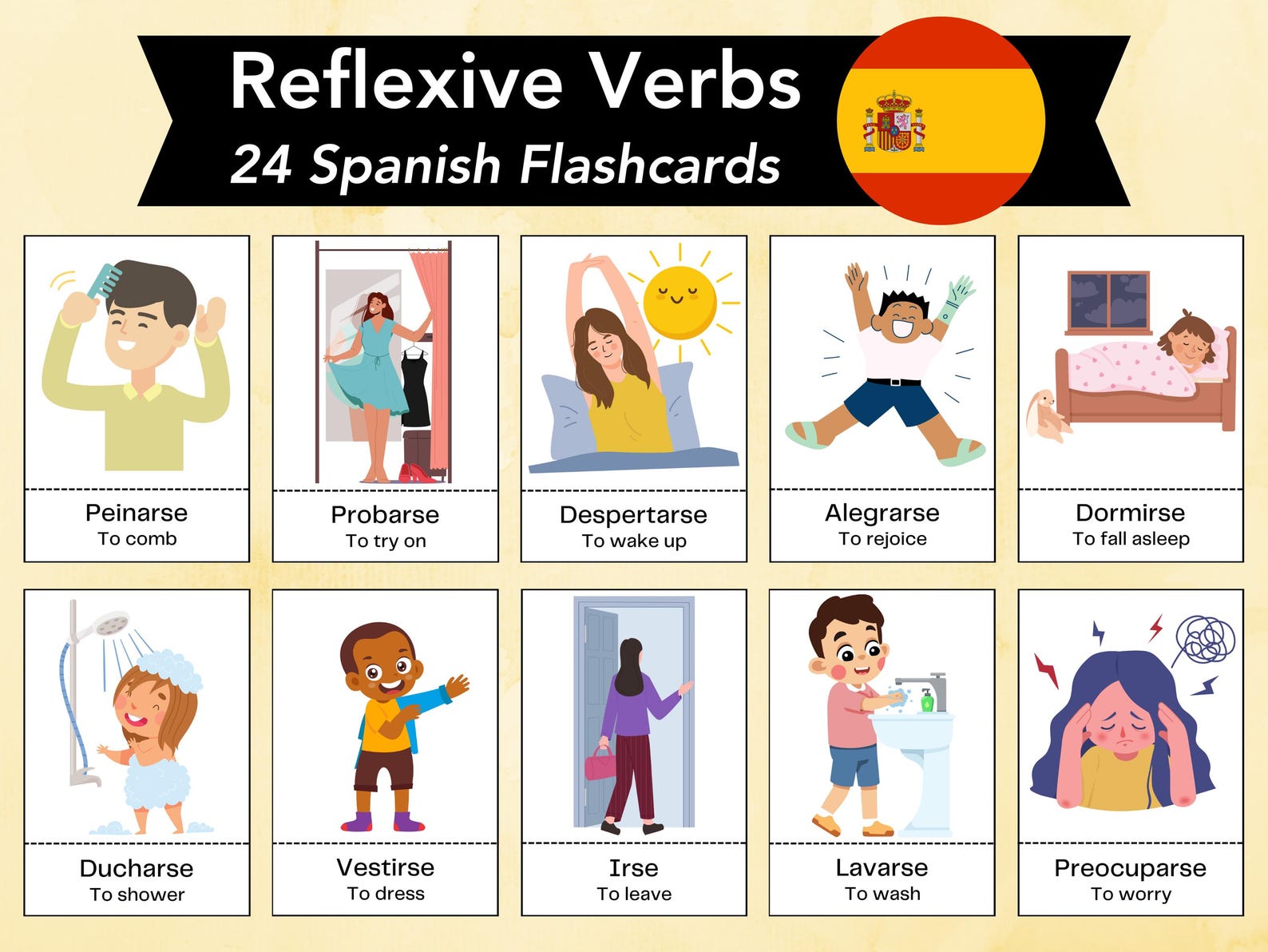 Spanish Reflexive Verb Flashcards, Spanish Language Learning Vocab ...