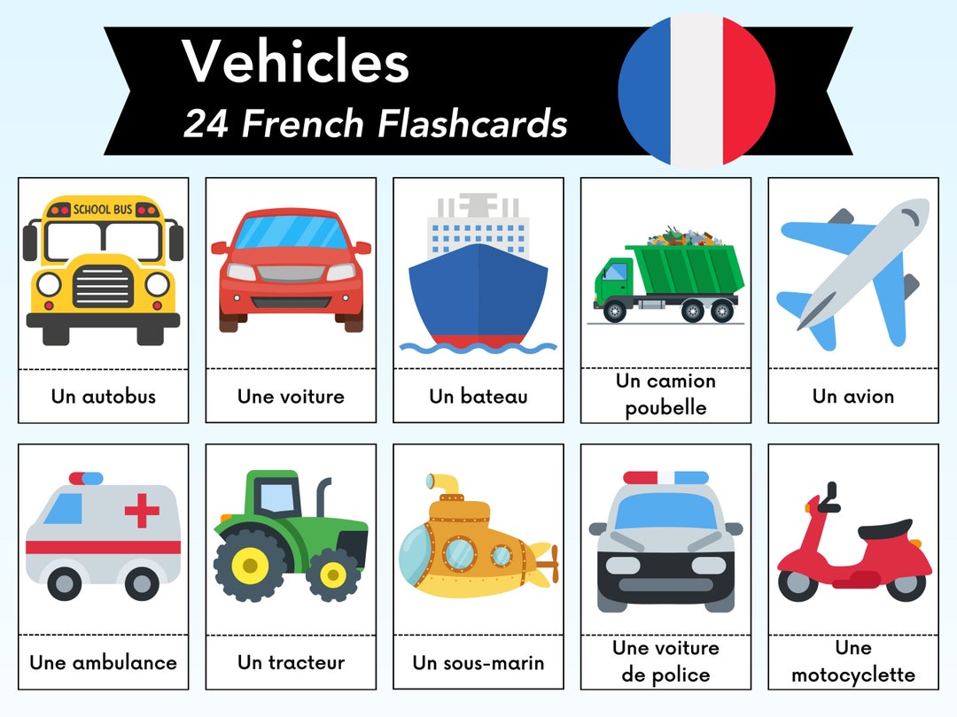 French Vehicle Flashcards, Beginner French Vocabulary, Homeschooling ...