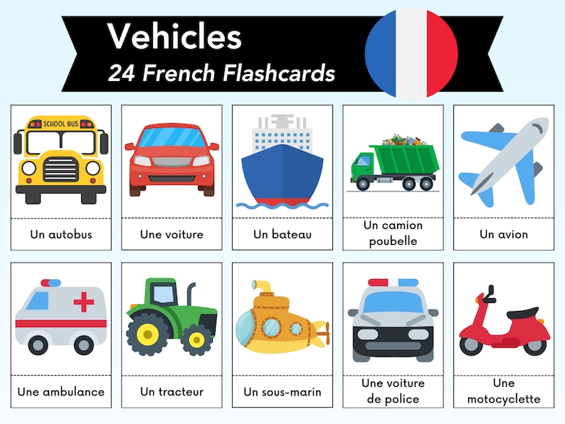 French Vehicle Flashcards, Beginner French Vocabulary, Homeschooling ...