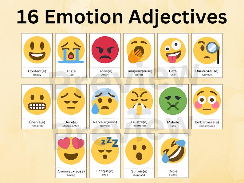 French Emotion Flashcards, French Adjective Vocabulary, Homeschooling ...