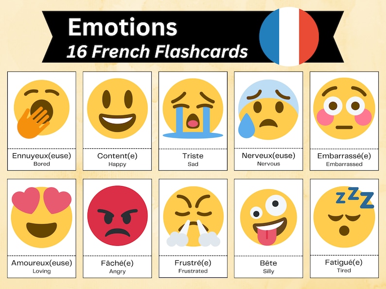 French Emotion Flashcards, French Adjective Vocabulary, Homeschooling ...