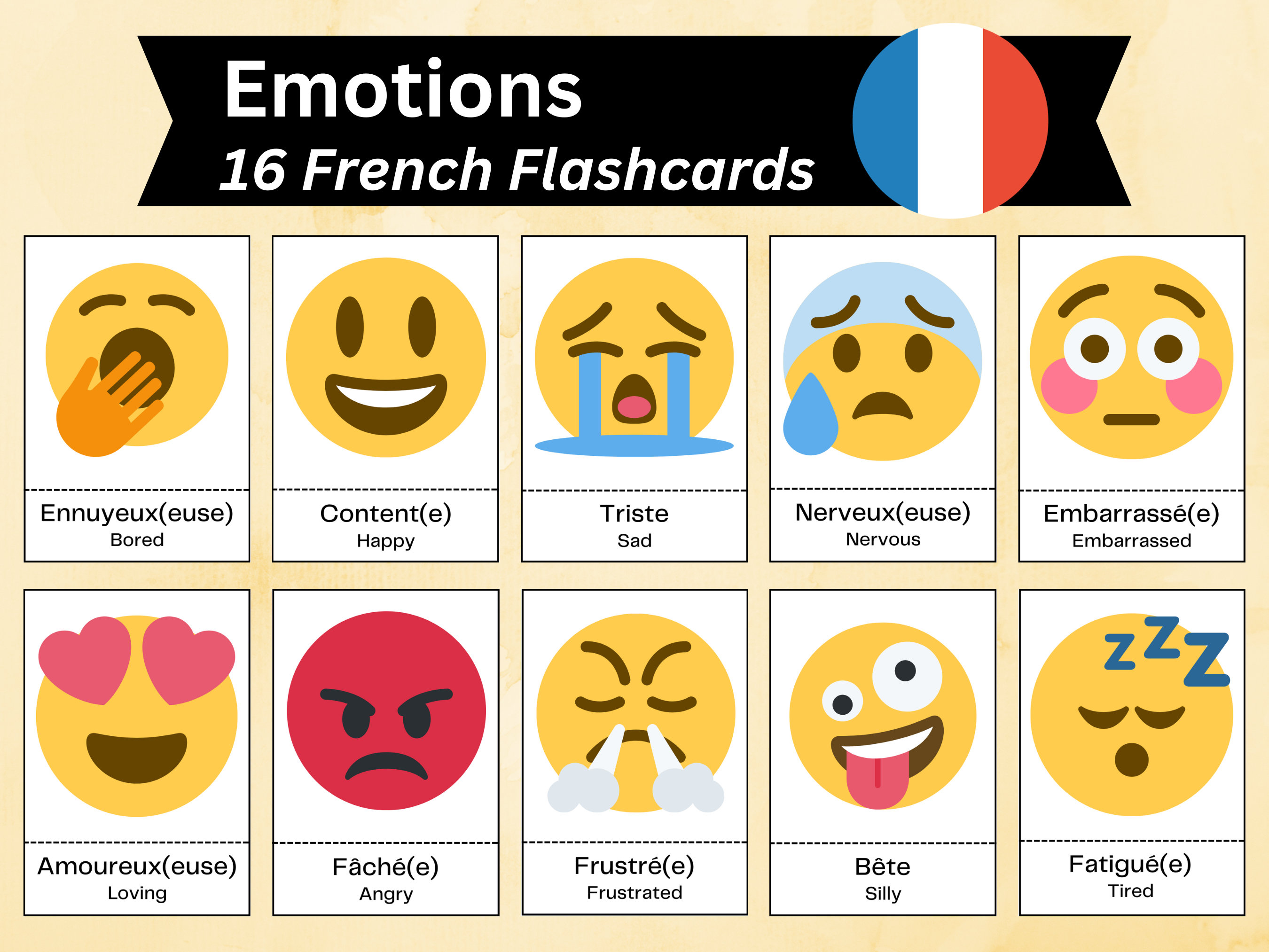 French Emotion Flashcards, French Adjective Vocabulary, Homeschooling ...