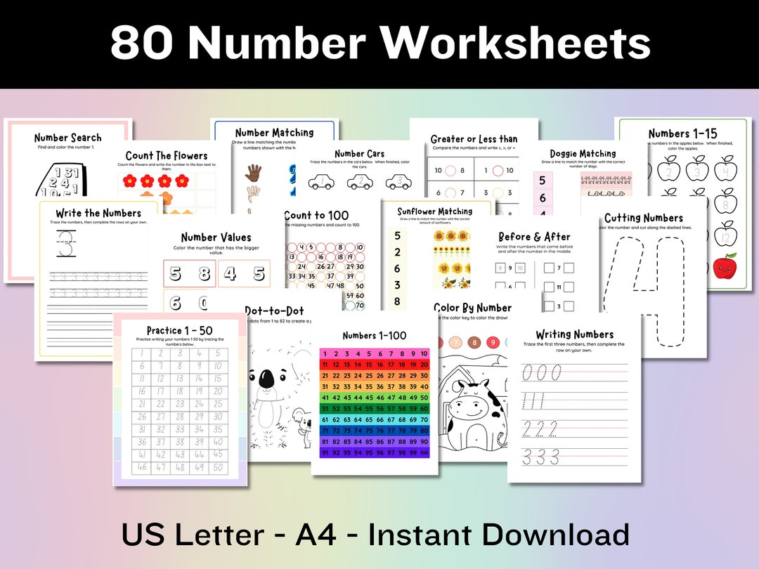 80 Number Worksheets, Math Worksheet for Kids, Homeschooling Number ...