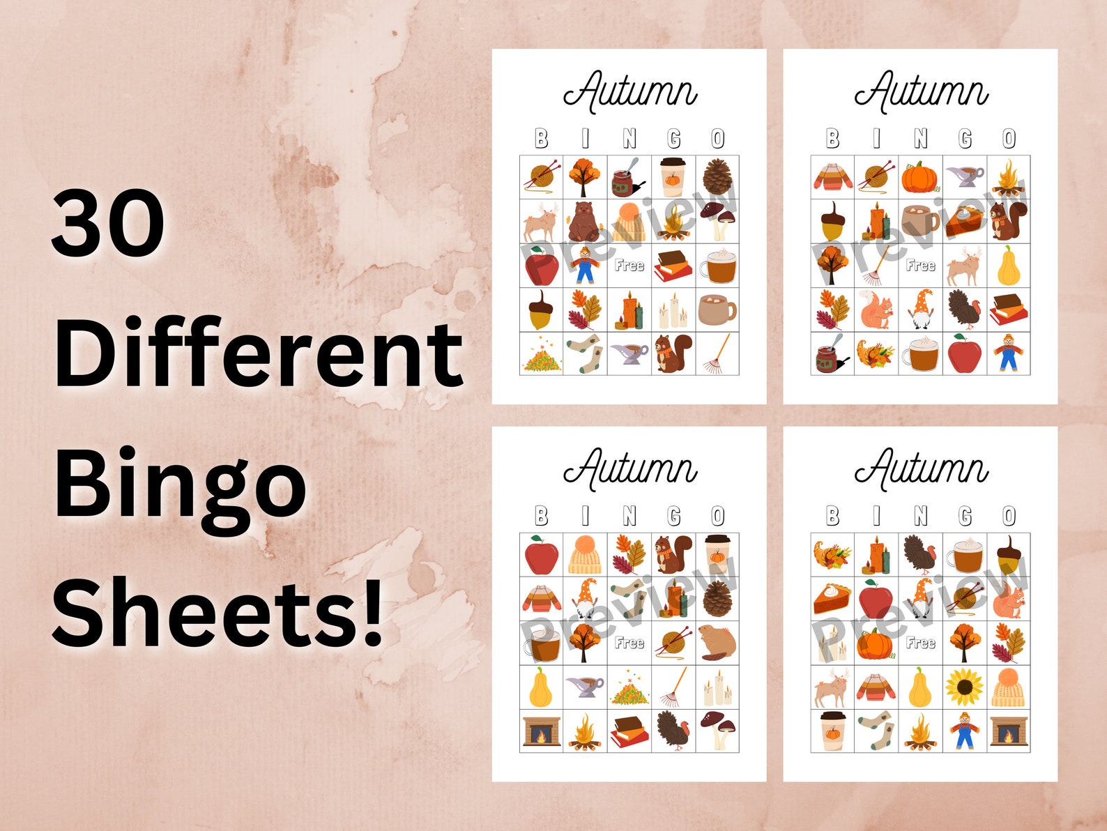 Autumn Bingo, 30 Printable Bingo Cards, Fun Fall Activity for Kids ...