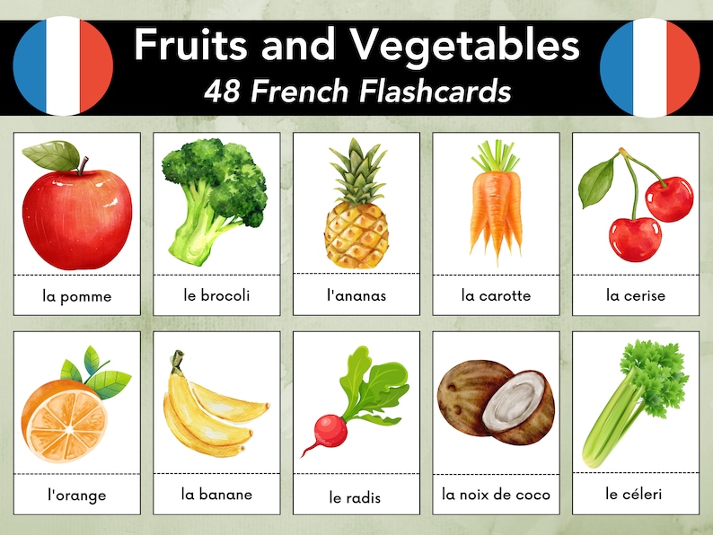 French Fruits & Vegetable Flashcards, French Flashcards for Kids ...