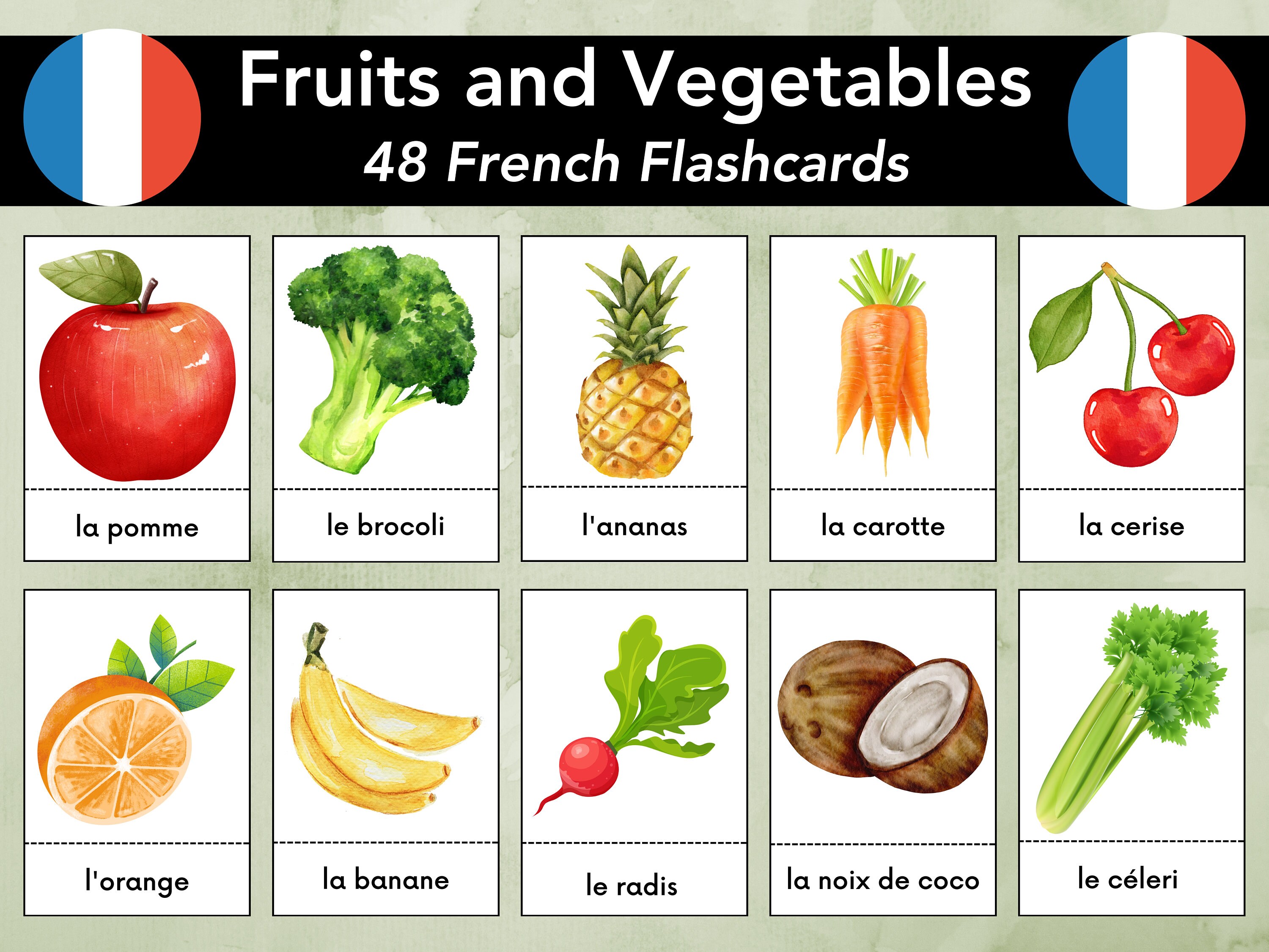 French Fruits & Vegetable Flashcards, French Flashcards for Kids ...