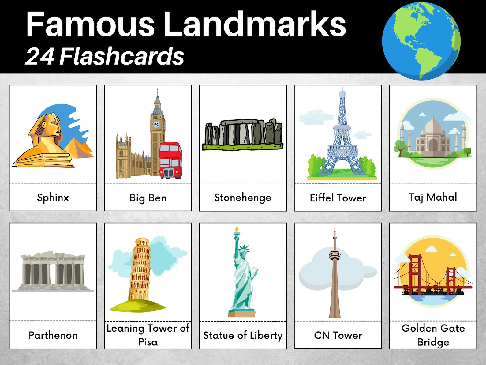 World Landmark Flashcards, Famous Geography Flash Cards, Homeschooling ...
