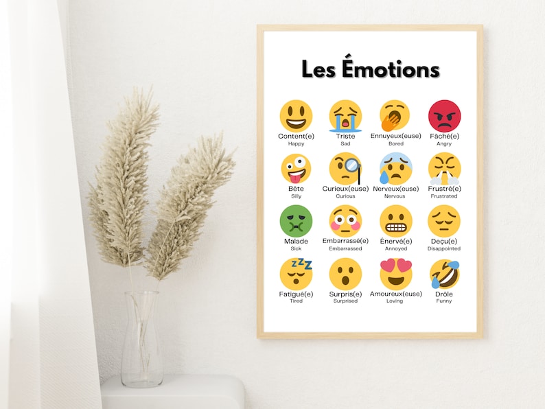 French Emotions Poster Art, French Classroom Wall Decor, Bilingual ...