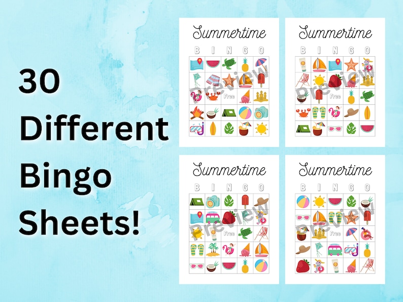 Summer Bingo, 30 Printable Bingo Cards, Fun Summer Activity for Kids ...