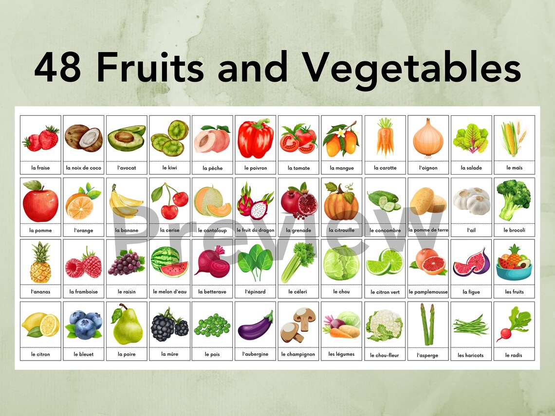 French Fruits & Vegetable Flashcards, French Flashcards for Kids ...