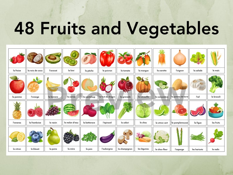French Fruits & Vegetable Flashcards, French Flashcards for Kids ...