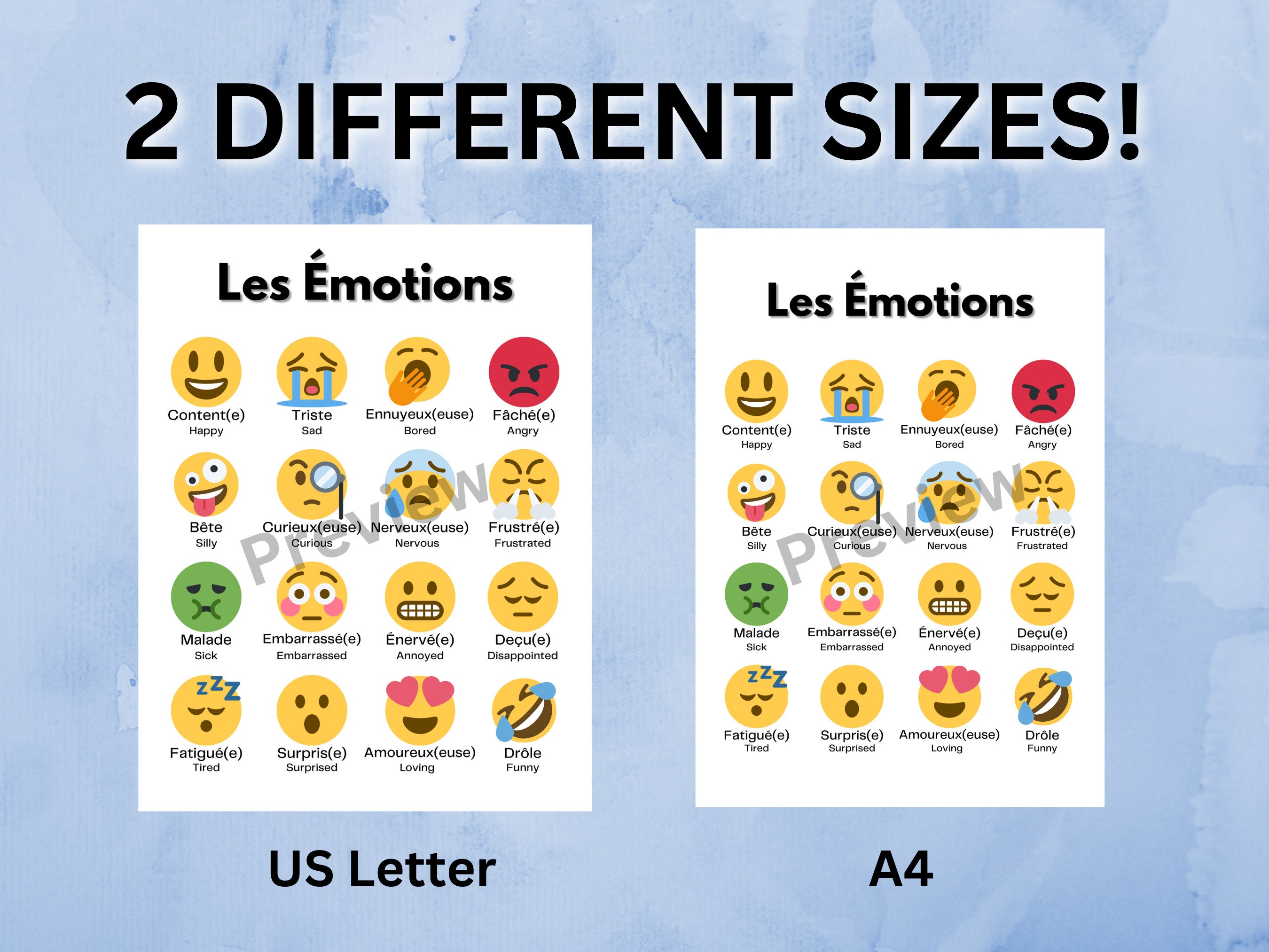 French Emotions Poster Art, French Classroom Wall Decor, Bilingual ...