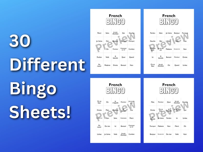 Beginner French Vocab Bingo, 30 Printable Bingo Cards, French Classroom ...