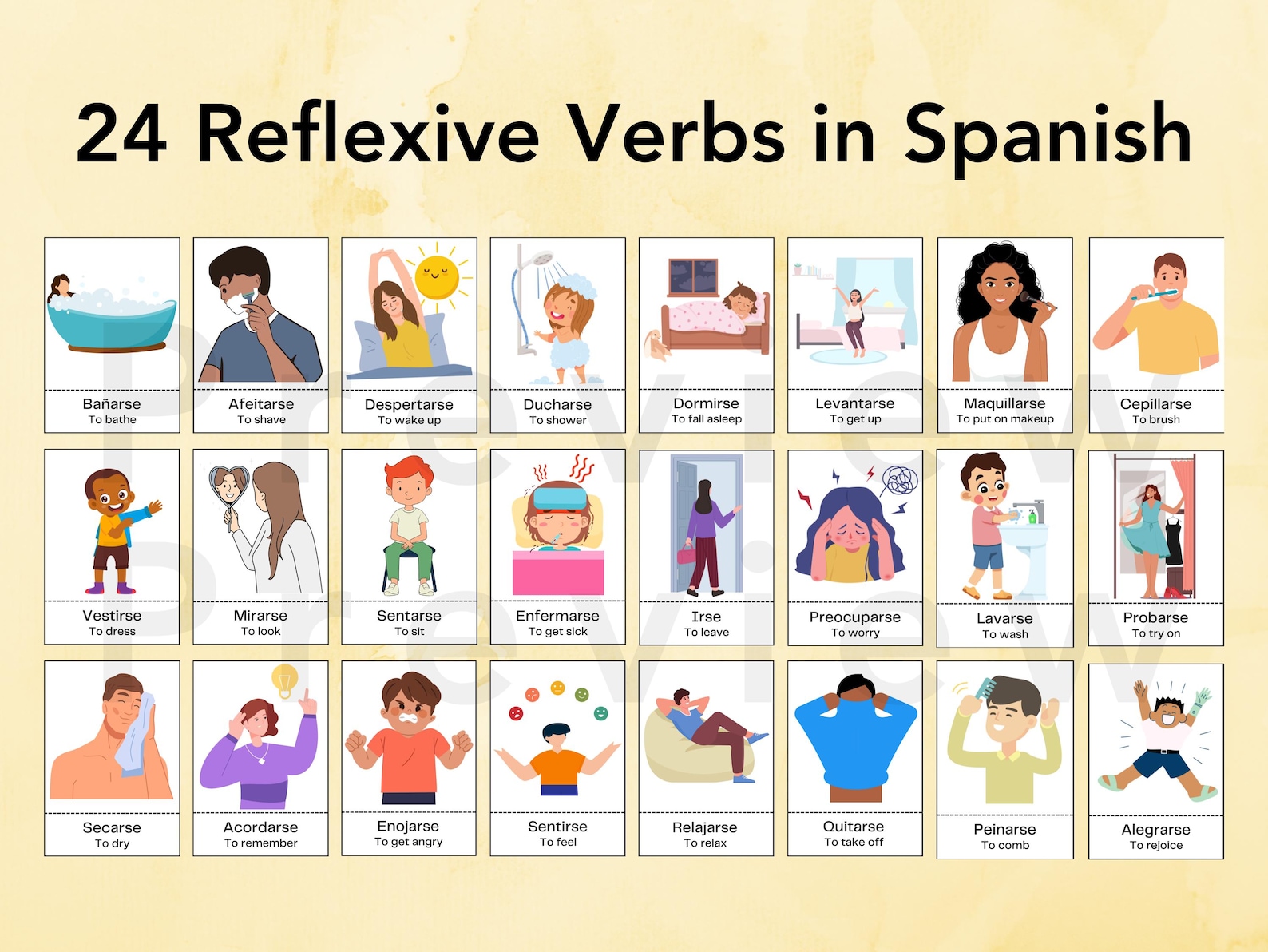 Spanish Reflexive Verb Flashcards, Spanish Language Learning Vocab ...