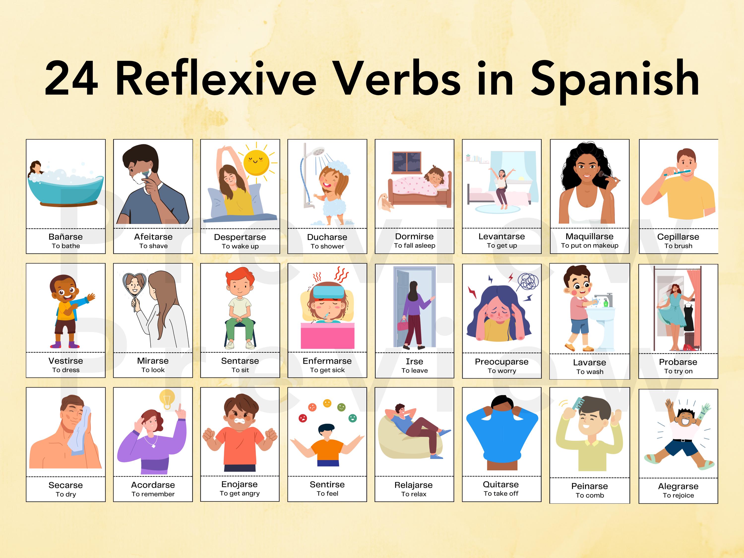 Spanish Reflexive Verb Flashcards, Spanish Language Learning Vocab ...