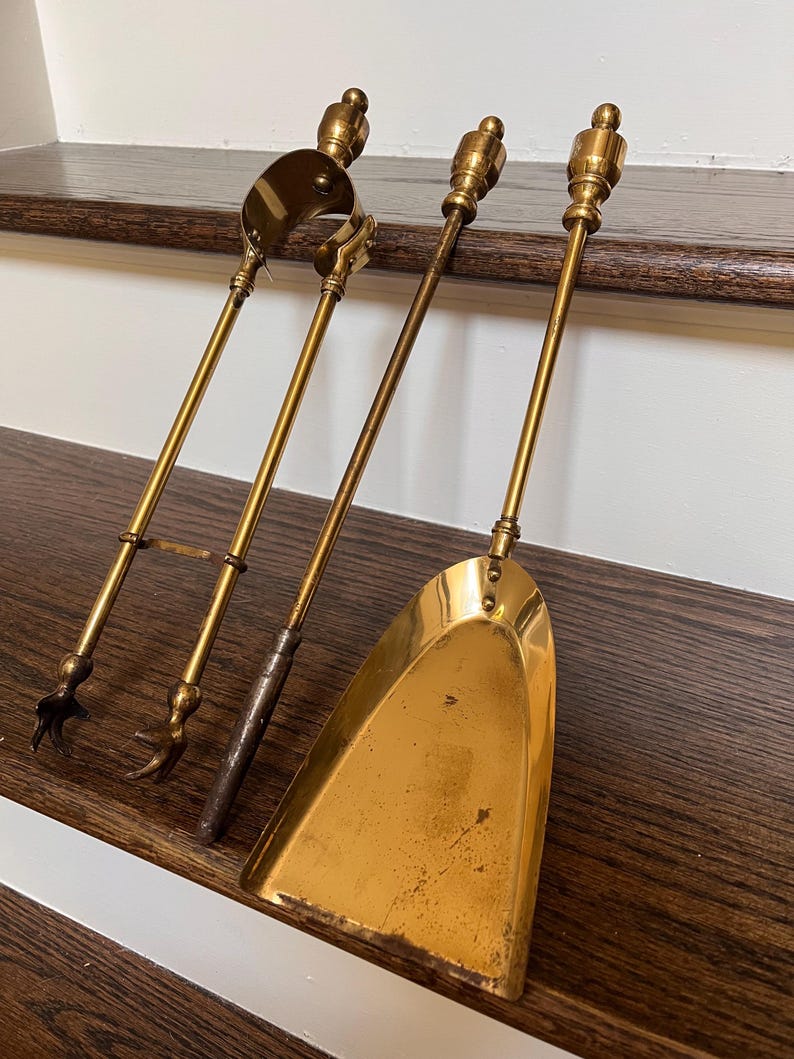 Vintage Brass Fireplace Tools — Poker, Shovel, Tongs - Etsy