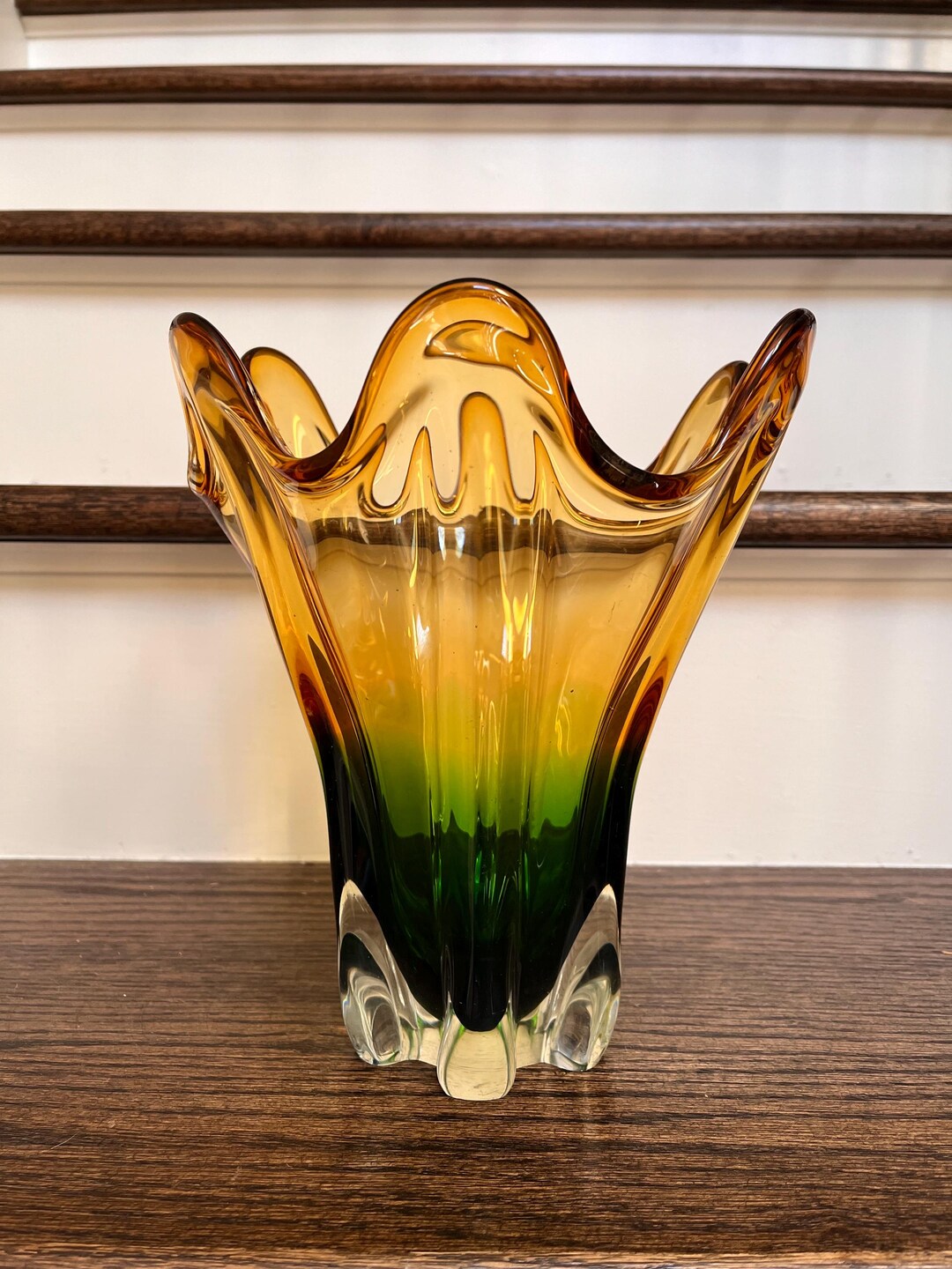 Murano Style Glass Green Yellow Radiant Tulip Vase - Midcentury Modern ...
