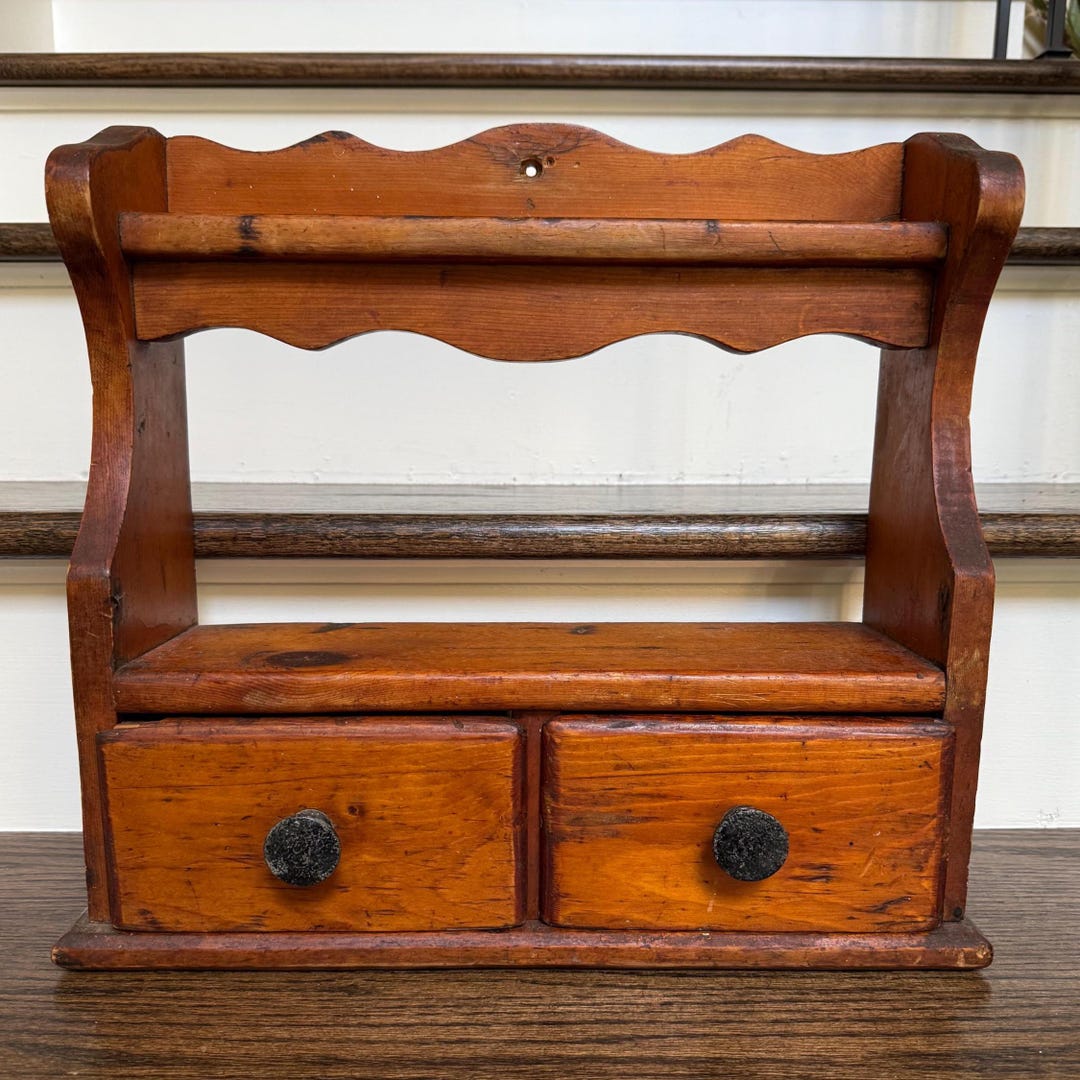 Vintage Two-tier Stained Wood Shelf, Spice Rack With Drawers ...