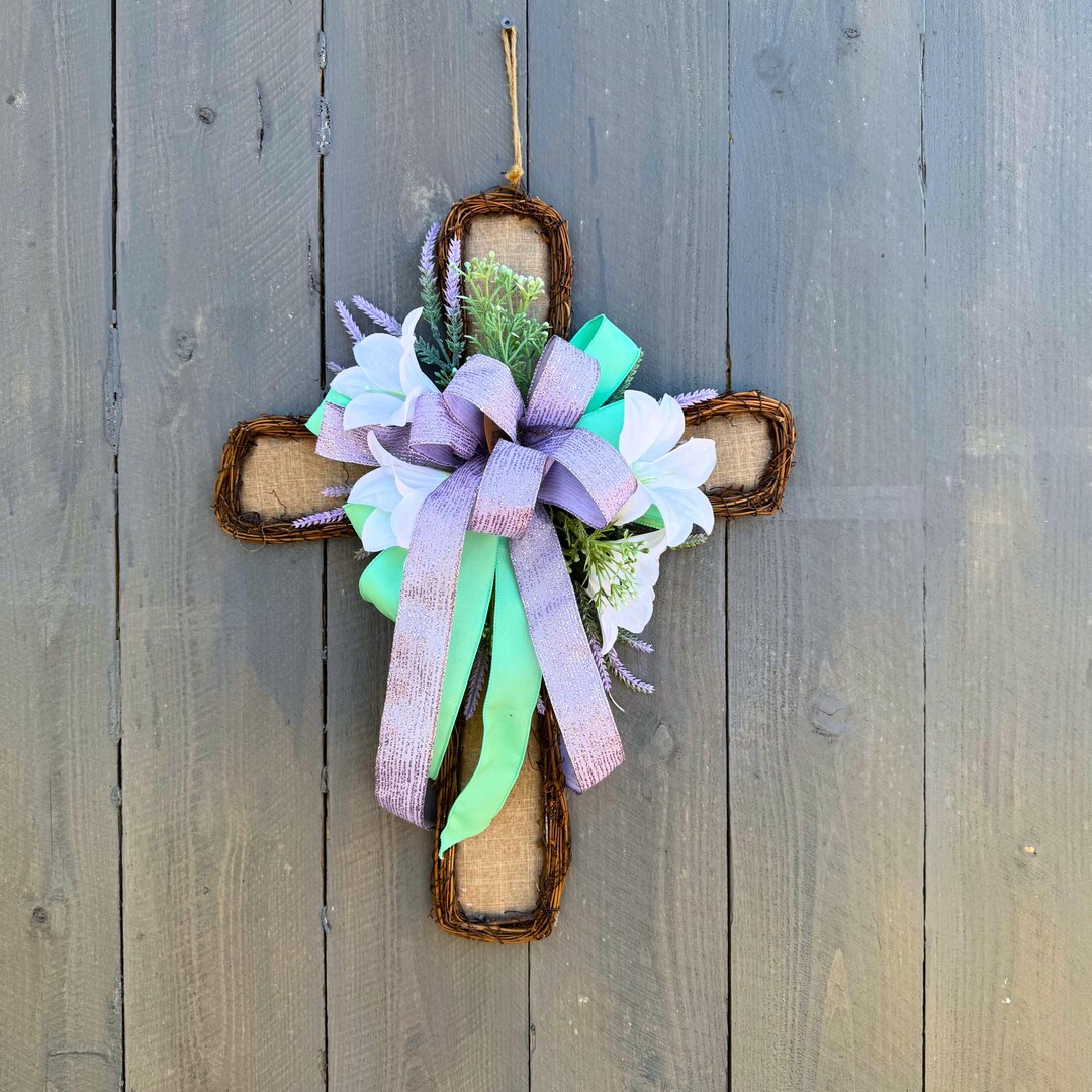 Grapevine and Burlap Cross With Lavender and Green Easter Lilly ...