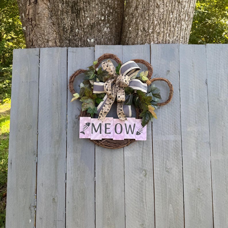Cat Paw Grapevine Wreath With Meow Sign – Front Door Decor for Cat ...