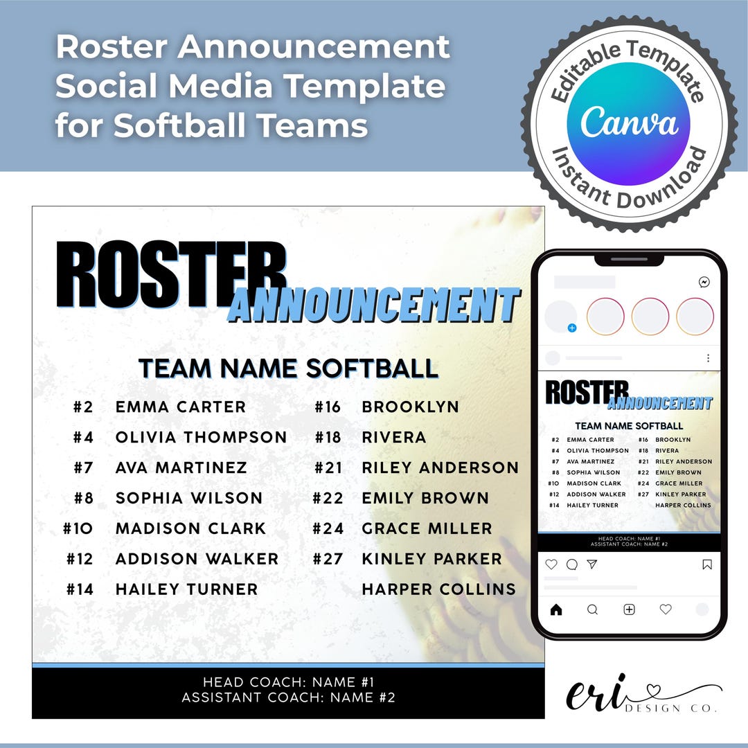 Softball Roster Announcement Graphic | Single Editable Canva Template ...