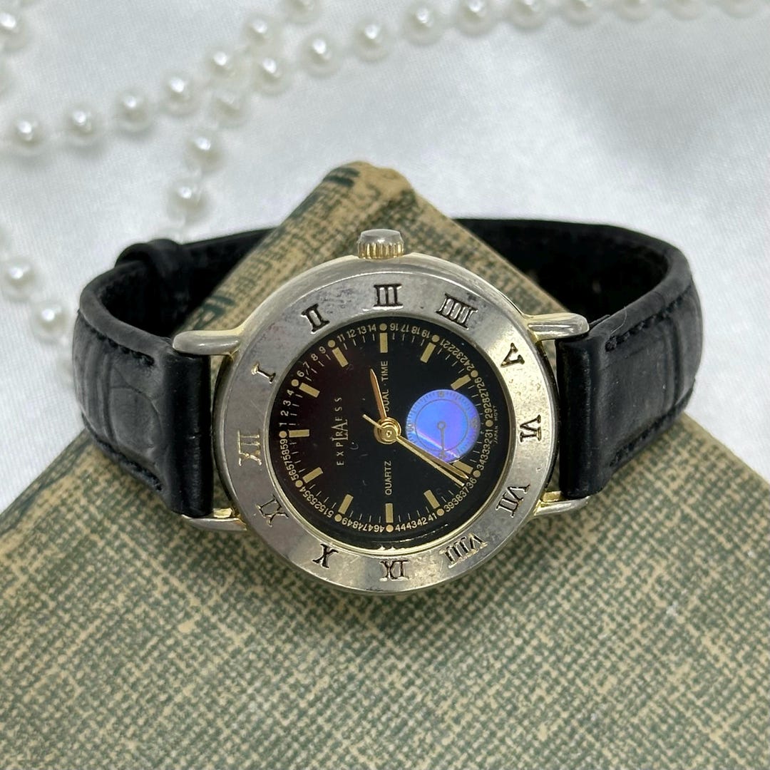 Gold and Black Dual-time LA Express Watch With Iridescent Dial - Etsy