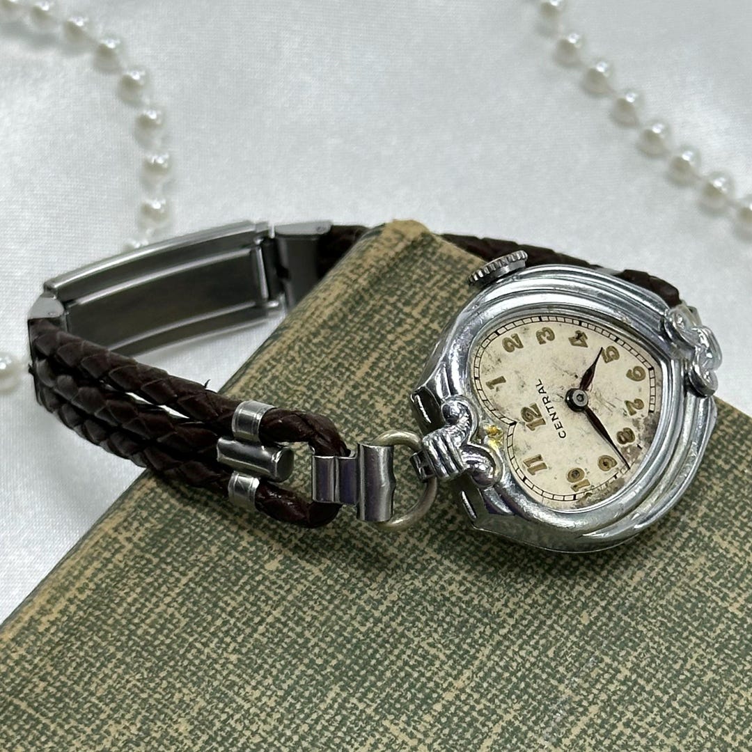 Vintage 1930's Silver Wind-up Heart Watch With Brown Braided Leather ...