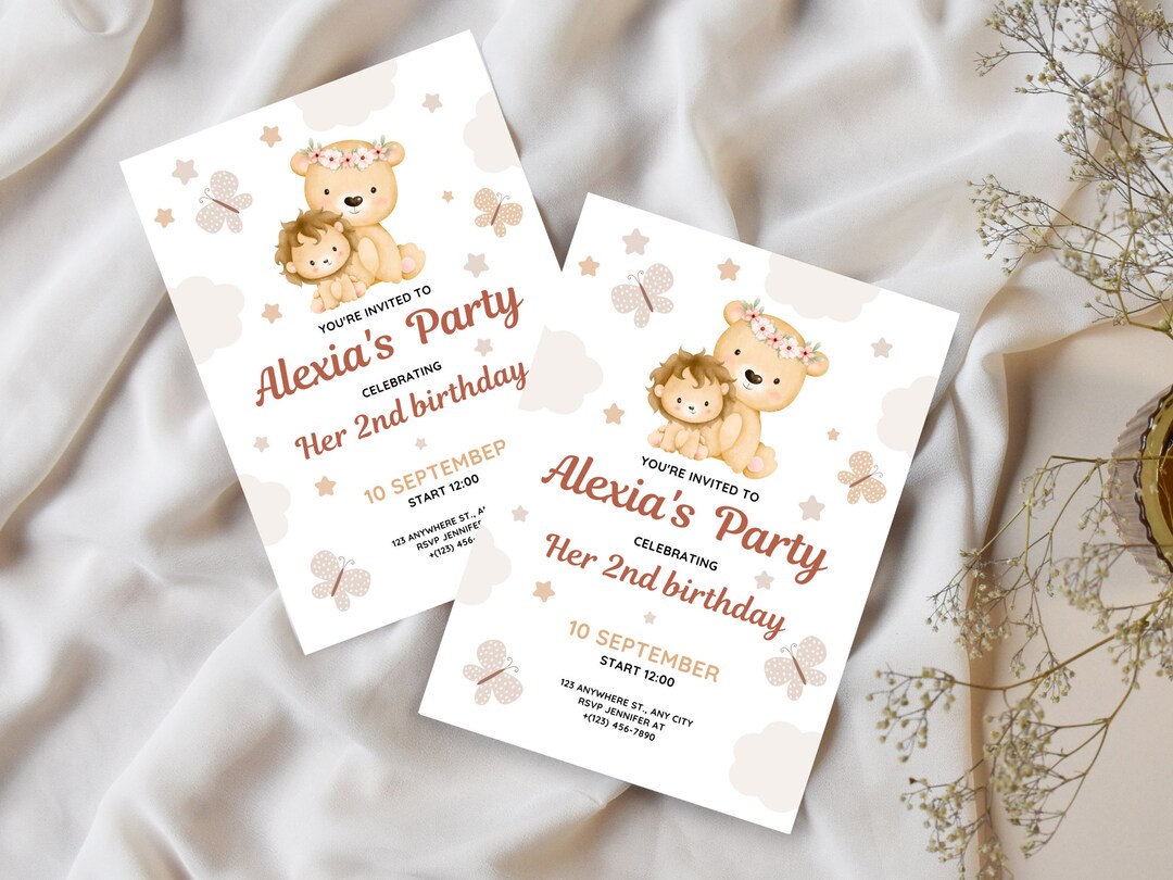 Cute Bear Invitation, Birthday Party Invite, Editable Brown Bear ...
