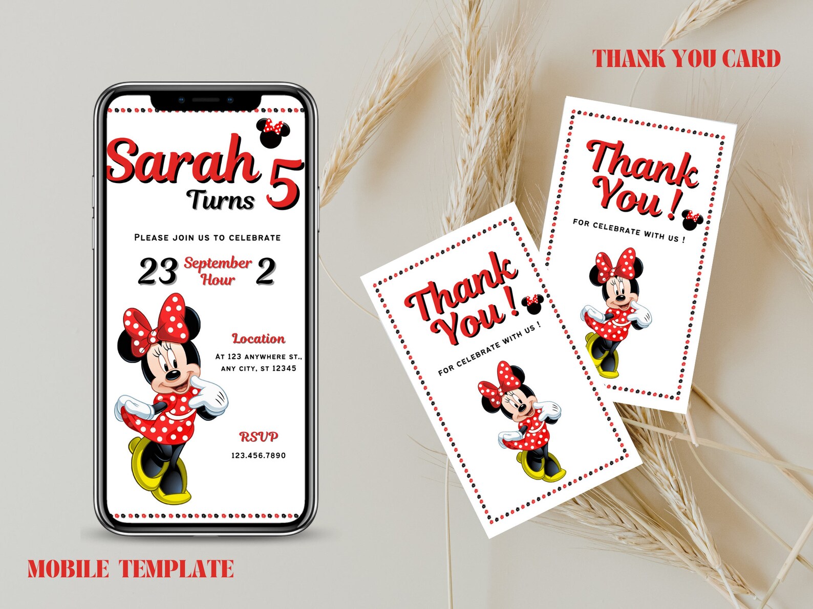 Minnie Mouse Birthday Invitation, Minnie Mouse Red Dress, Printable ...