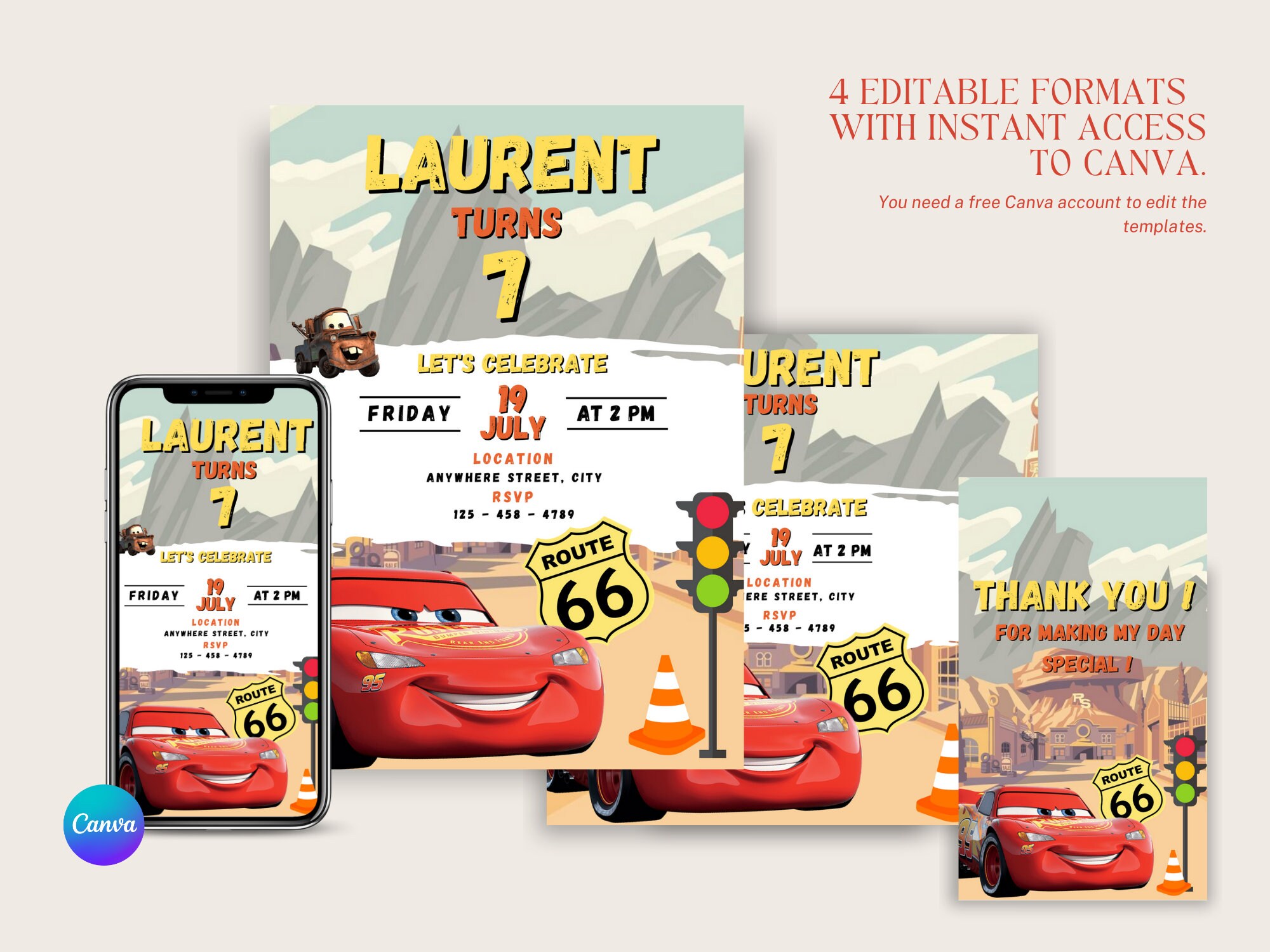 Cars Birthday Party Invitation, Cars Theme, Cars Lightning Mcqueen ...