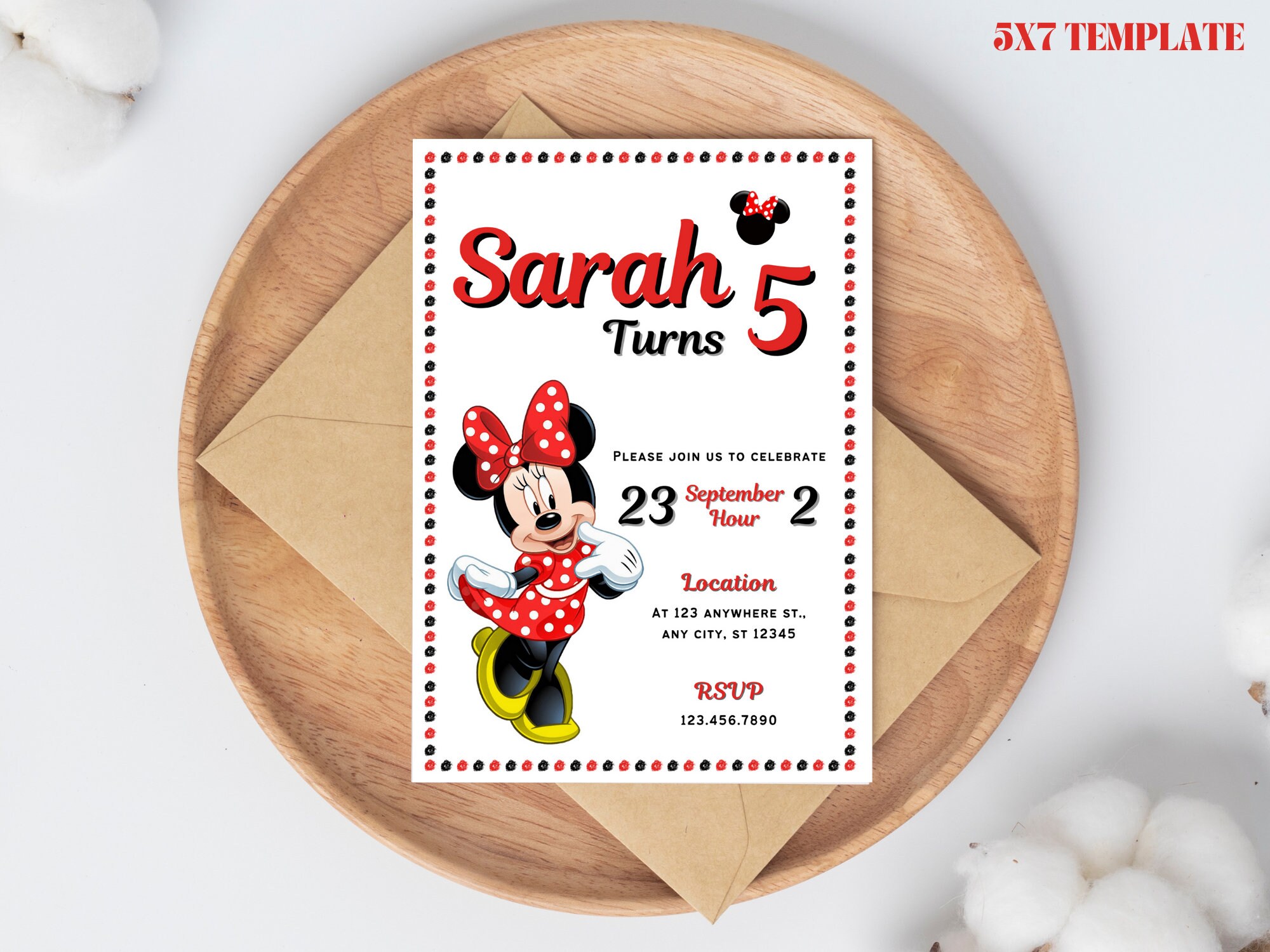 Invitación de cumpleaños de Minnie Mouse, vestido rojo de Minnie Mouse ...