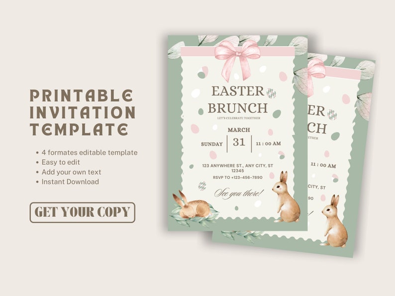 Easter Brunch Invitation, Easter Egg Hunt, Bunny Easter Party Invite ...