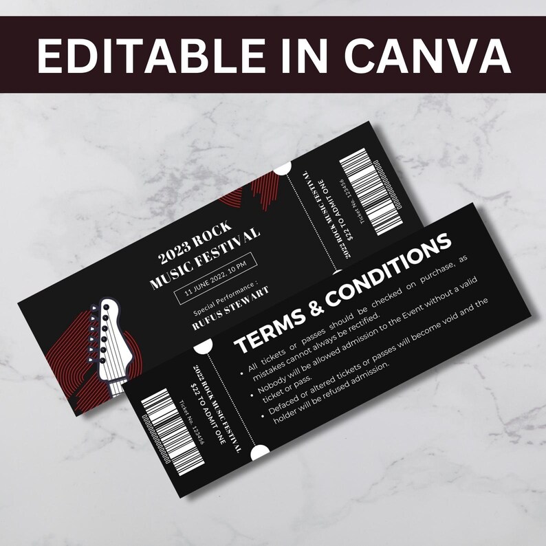Editable Concert Ticket Template for Canva printable Gift Idea ...