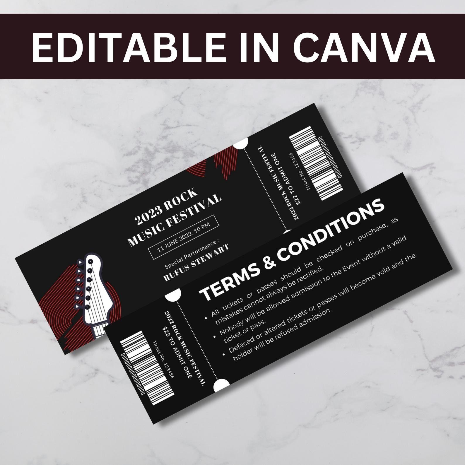 Editable Concert Ticket Template for Canva printable Gift Idea ...