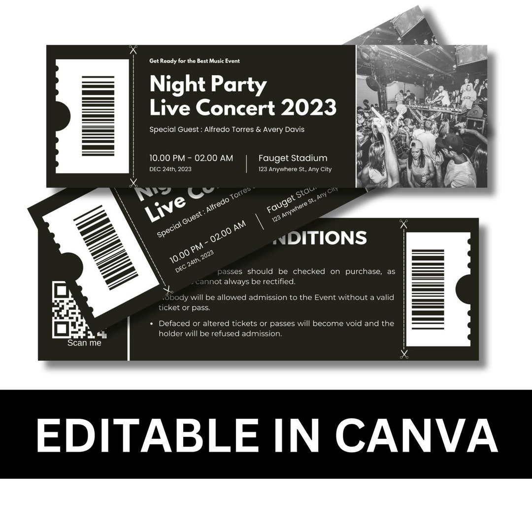 Editable Concert Ticket Template for Canva printable Gift Idea ...