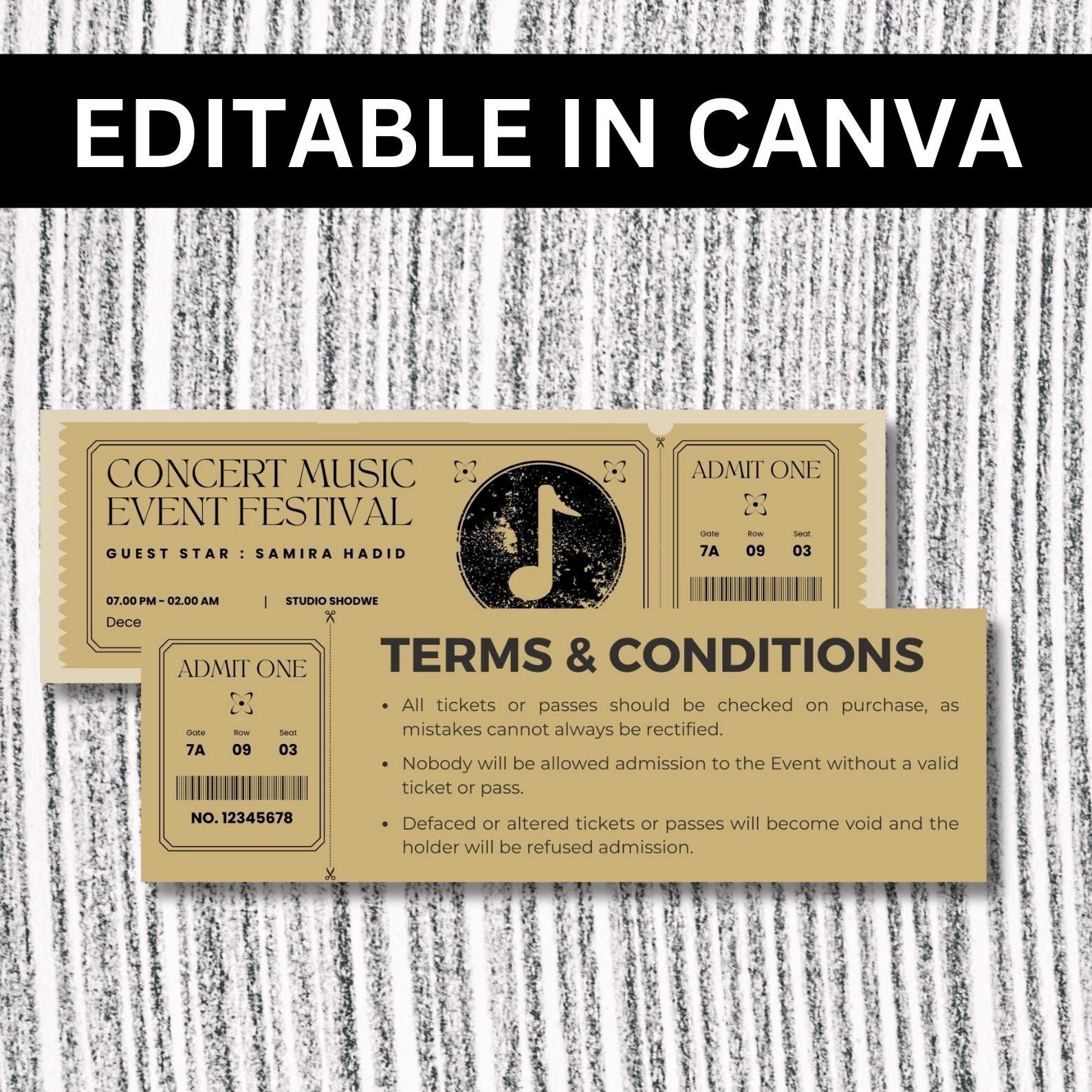 Editable Concert Ticket Template for Canva printable Gift - Etsy