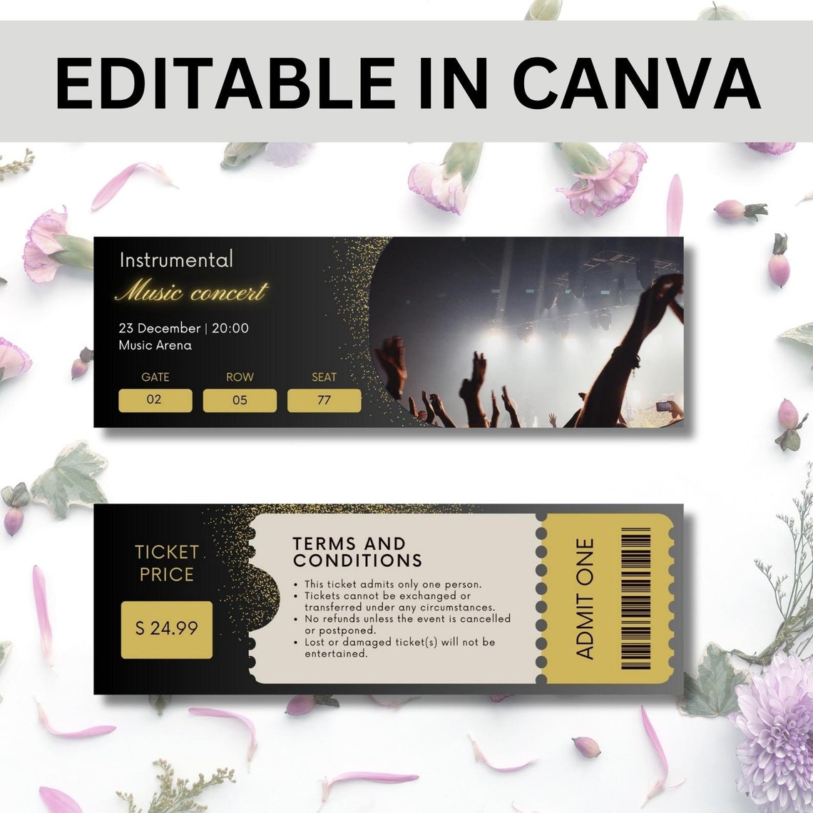 Editable Concert Ticket Template for Canva printable Gift - Etsy