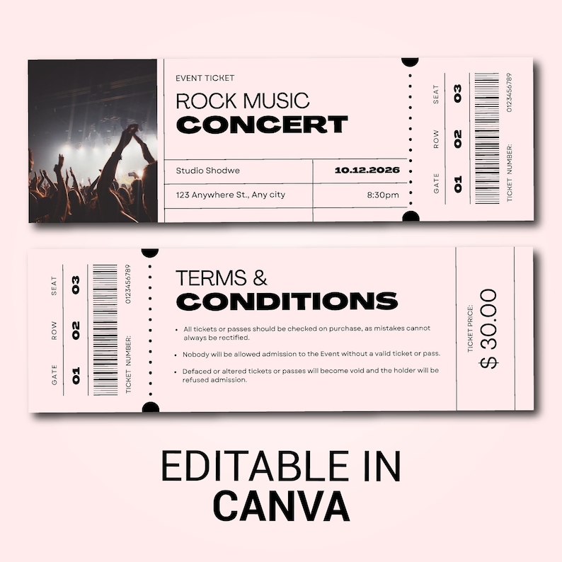 Editable Concert Ticket Template for Canva printable Gift - Etsy