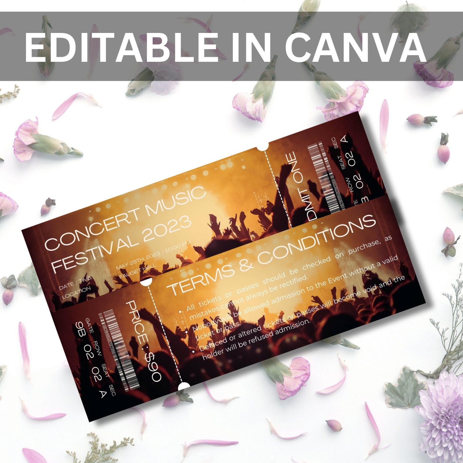 Editable Concert Ticket Template for Canva printable Gift - Etsy