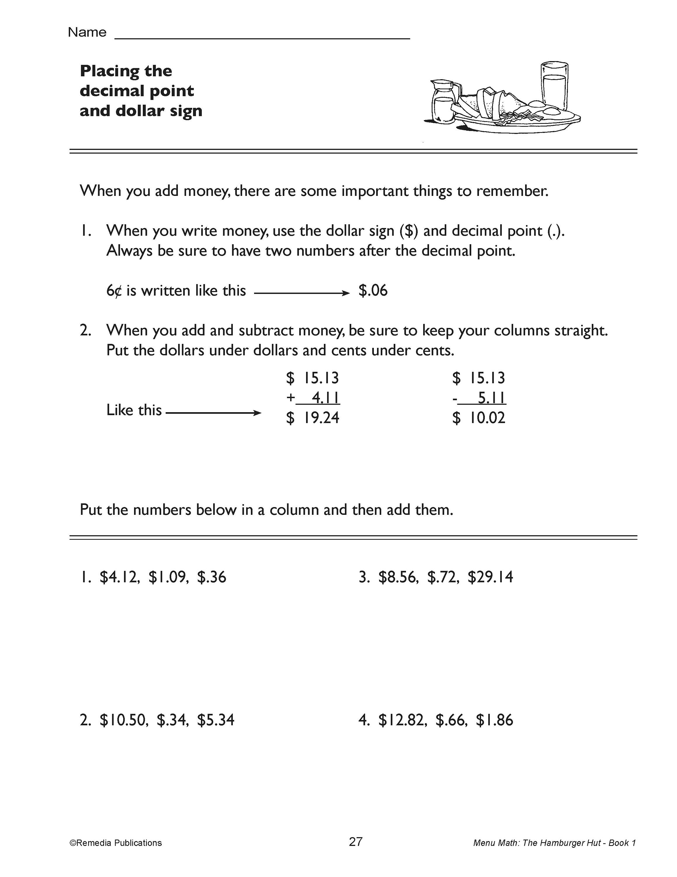 Menu Math: Hamburger Hut - Consumer Addition and Subtraction - Etsy