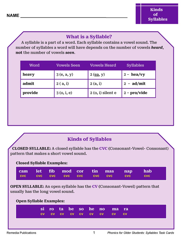 Science of Reading - Phonics for Older Students: Syllables Task Cards ...