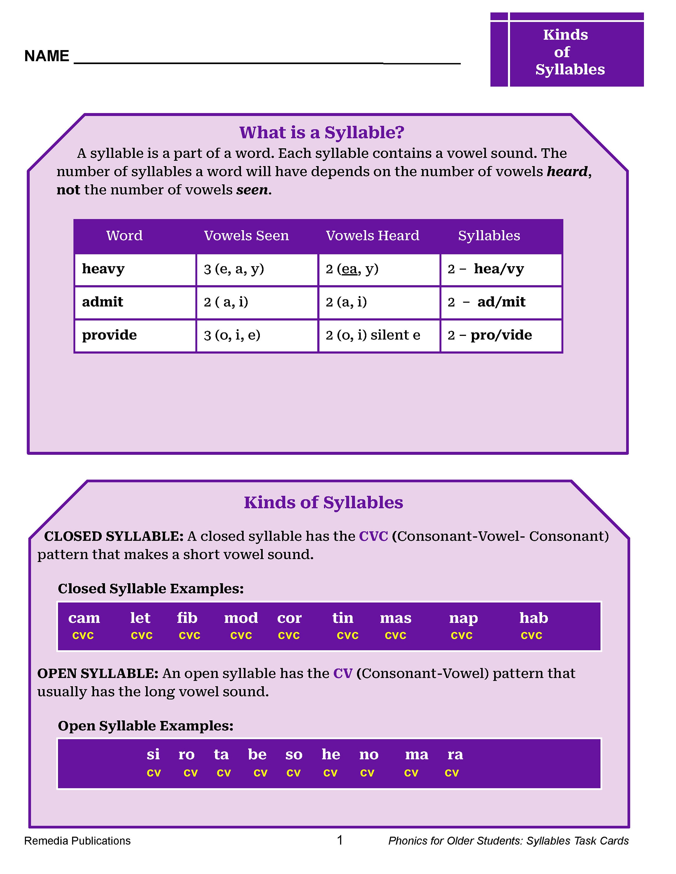 Science of Reading - Phonics for Older Students: Syllables Task Cards ...
