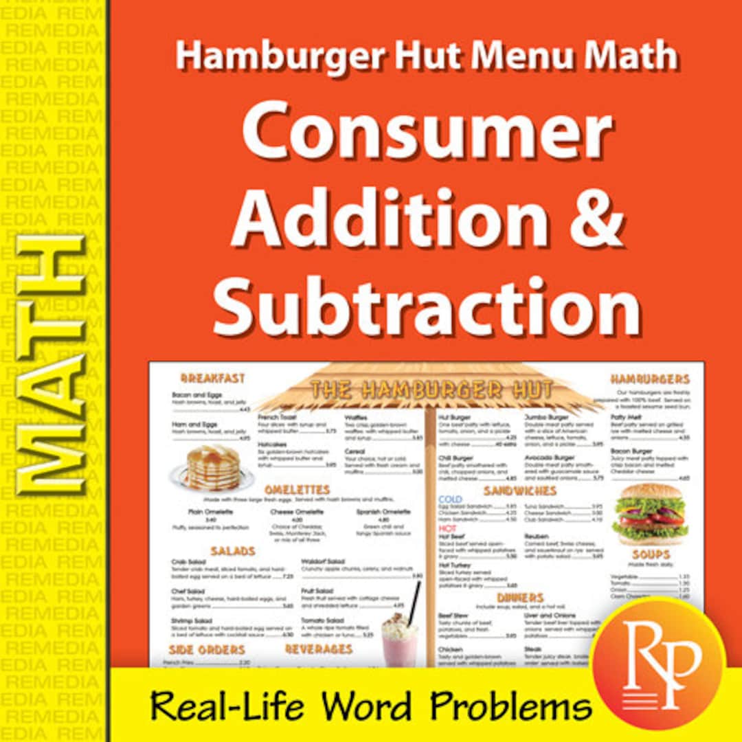 Menu Math: Hamburger Hut - Consumer Addition and Subtraction - Etsy