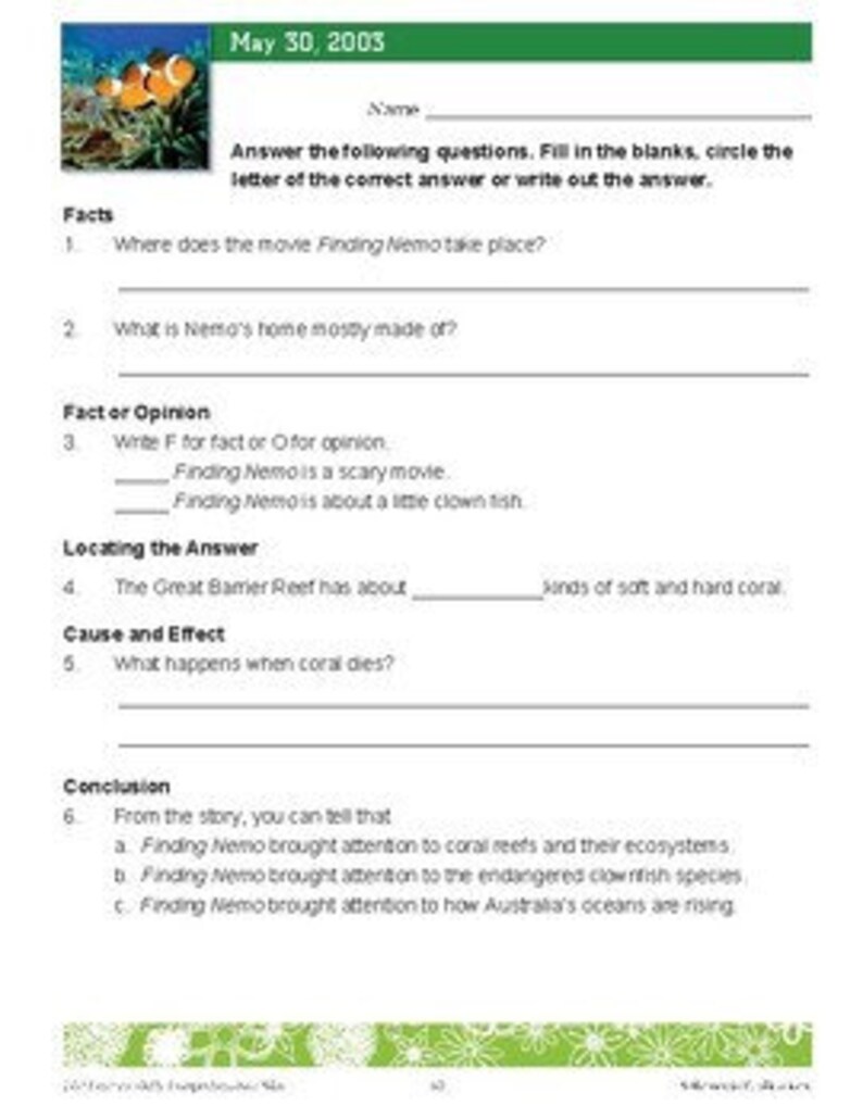 Finding Nemo: Reading Comprehension - Non Fiction - Main Idea - Activities - Etsy