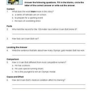 Usain Bolt: Reading Comprehension - Non Fiction - Main Idea ...