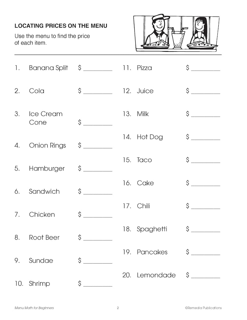 Beginning Menu Math: Addition, Subtraction, Multiplication Consumer ...