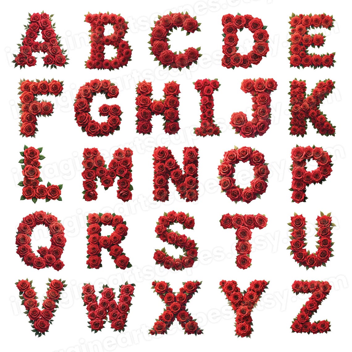 Red Rose A-Z Alphabet Letters, 26 PNG Files With Transparent ...